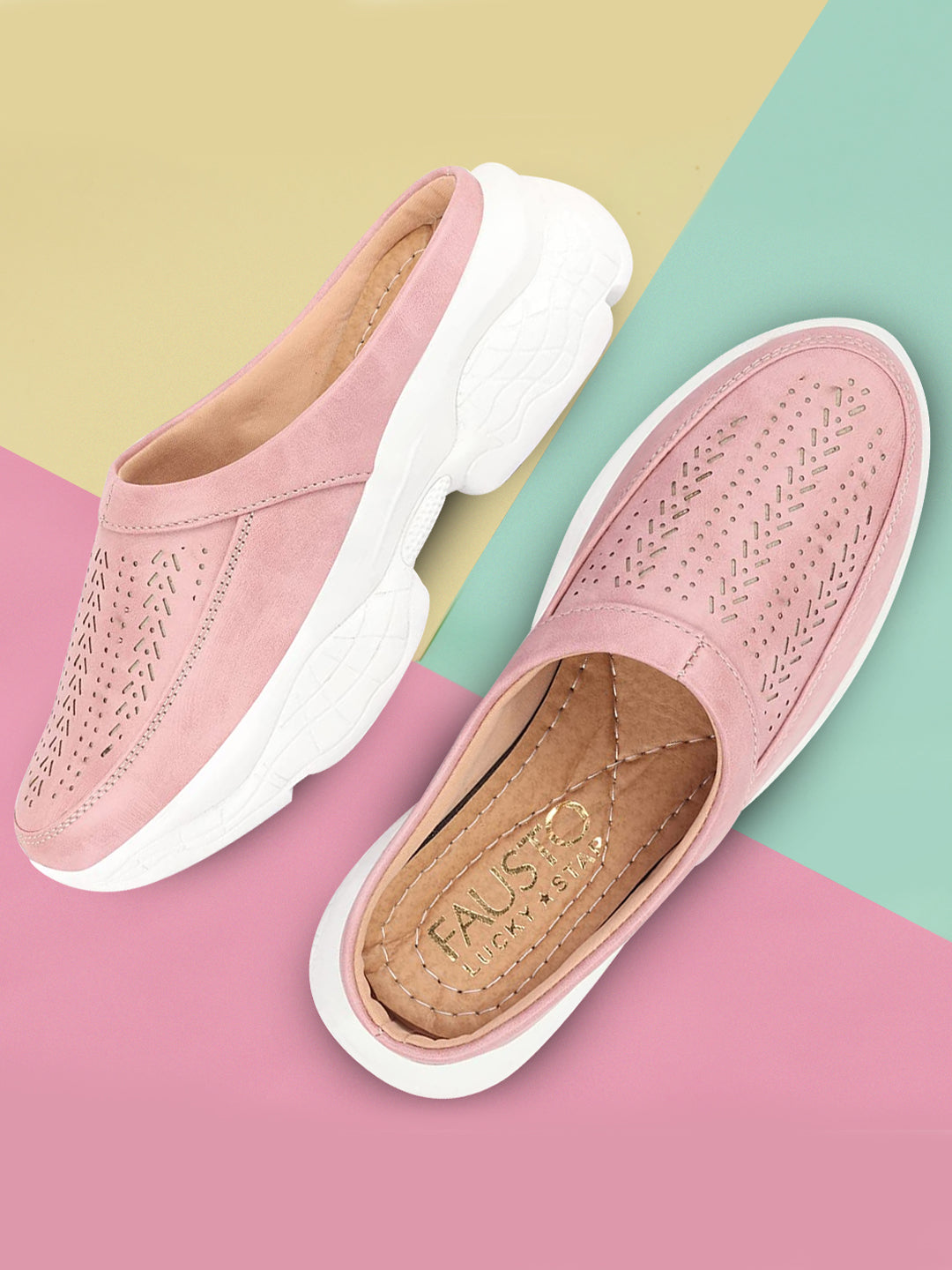 Buy Women Pink Laser Cut Stitched Back Open Slip On Mules Shoes