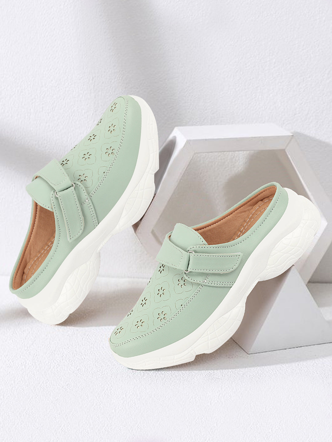 Buy Women Pista Green Hook & Loop Back Open Slip On Mules Shoe