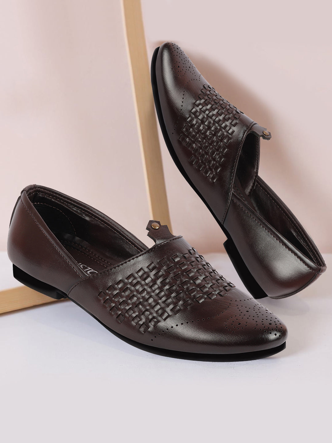 Shop Men Brown Laser Cut Knitted Design Ethnic Wedding Broad Feet Slip ...