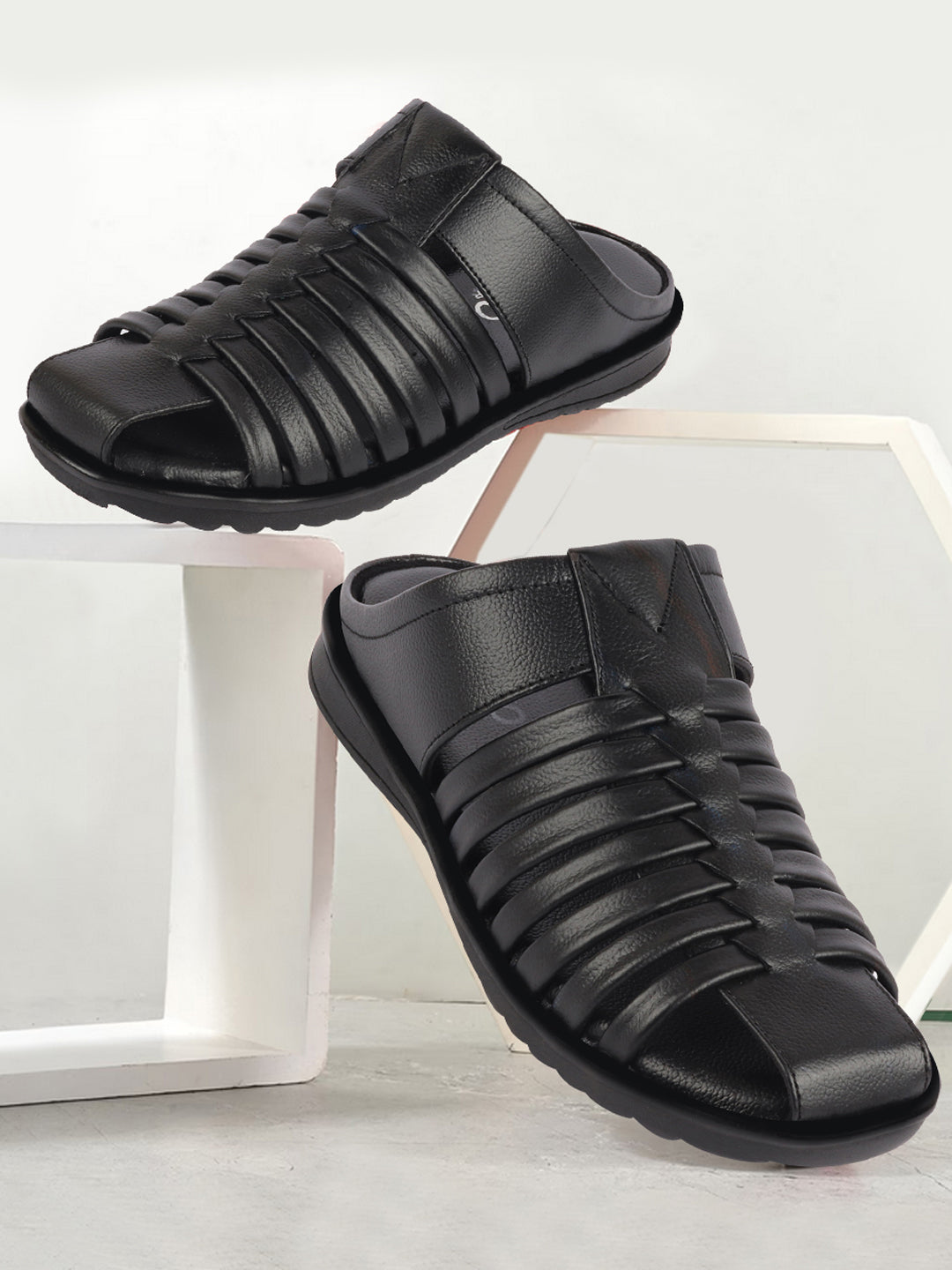 Buy Black Leather Multi Strap Slip On Sandals For Men Online