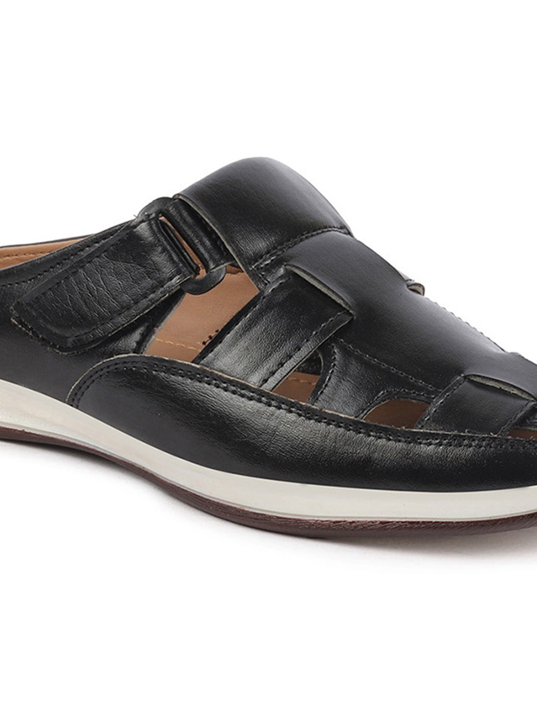 Shop Men's Black Laser Cut Hook and Loop Sandals Online