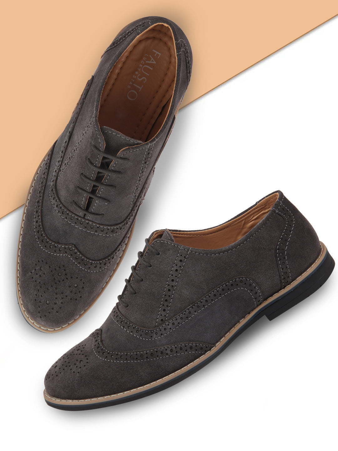 Shop Men's Grey Suede Leather Formal Brogue Shoes Online