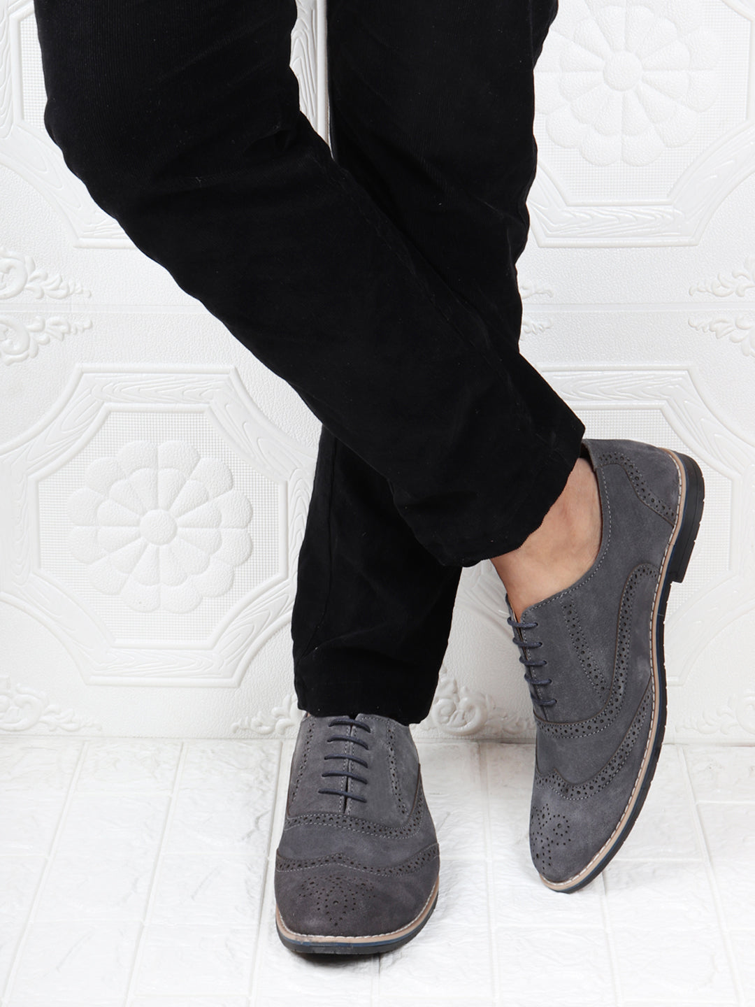Shop Men's Grey Suede Leather Formal Brogue Shoes Online
